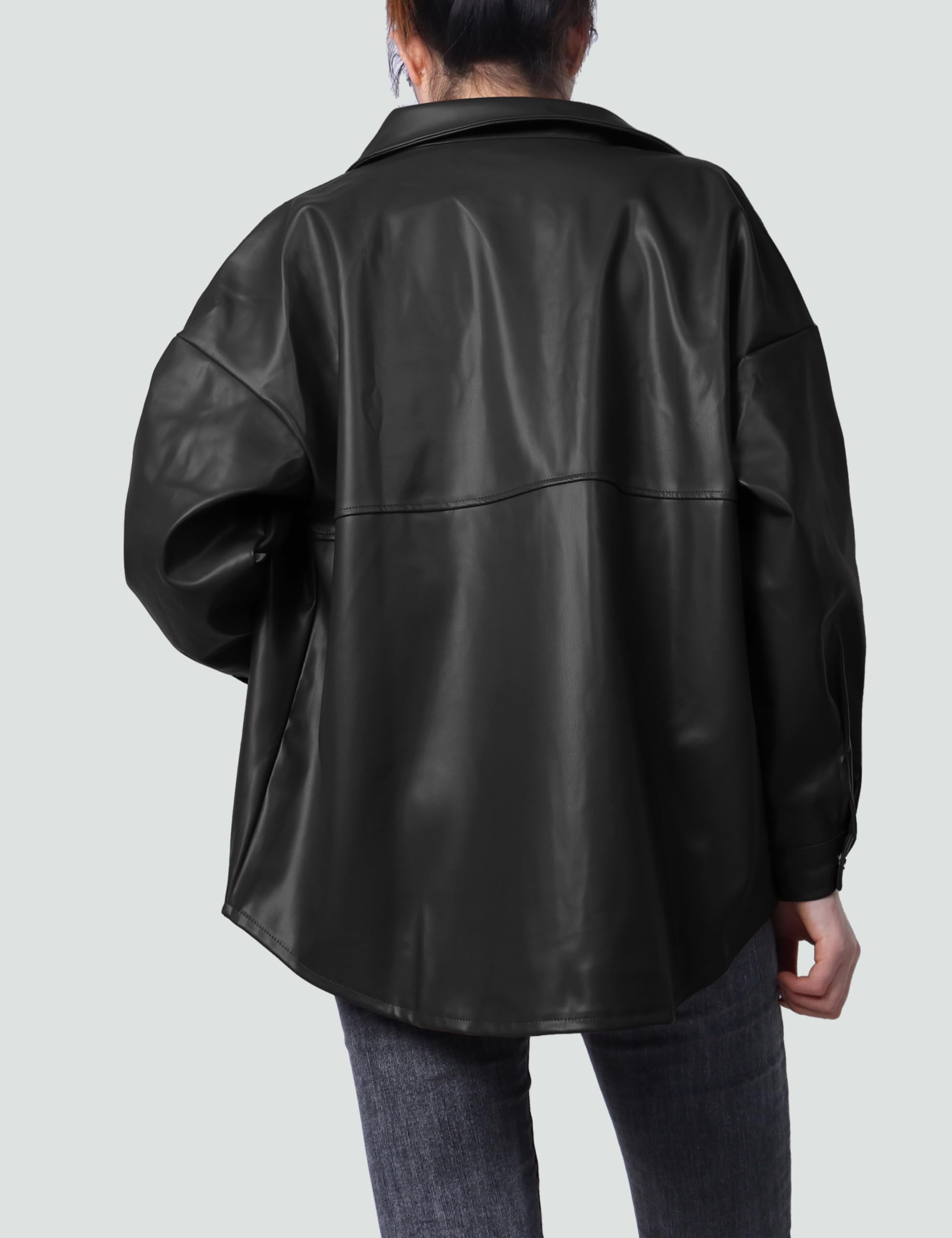 SeekMe Women's PU Leather Jacket Shacket Button Down Lapel Blazer Coat with Bust Pocket(0545-Black-L-QB)