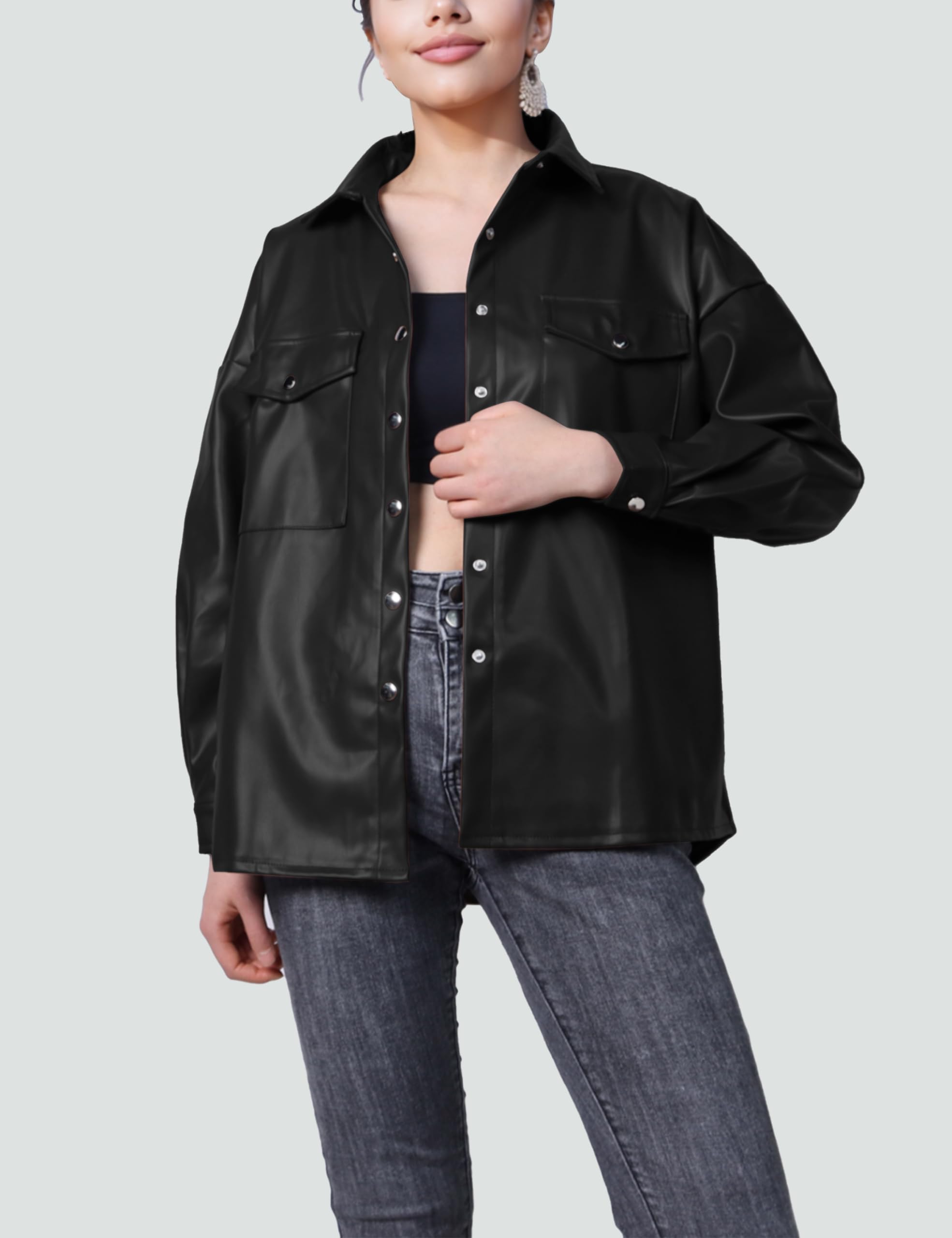 SeekMe Women's PU Leather Jacket Shacket Button Down Lapel Blazer Coat with Bust Pocket(0545-Black-L-QB)