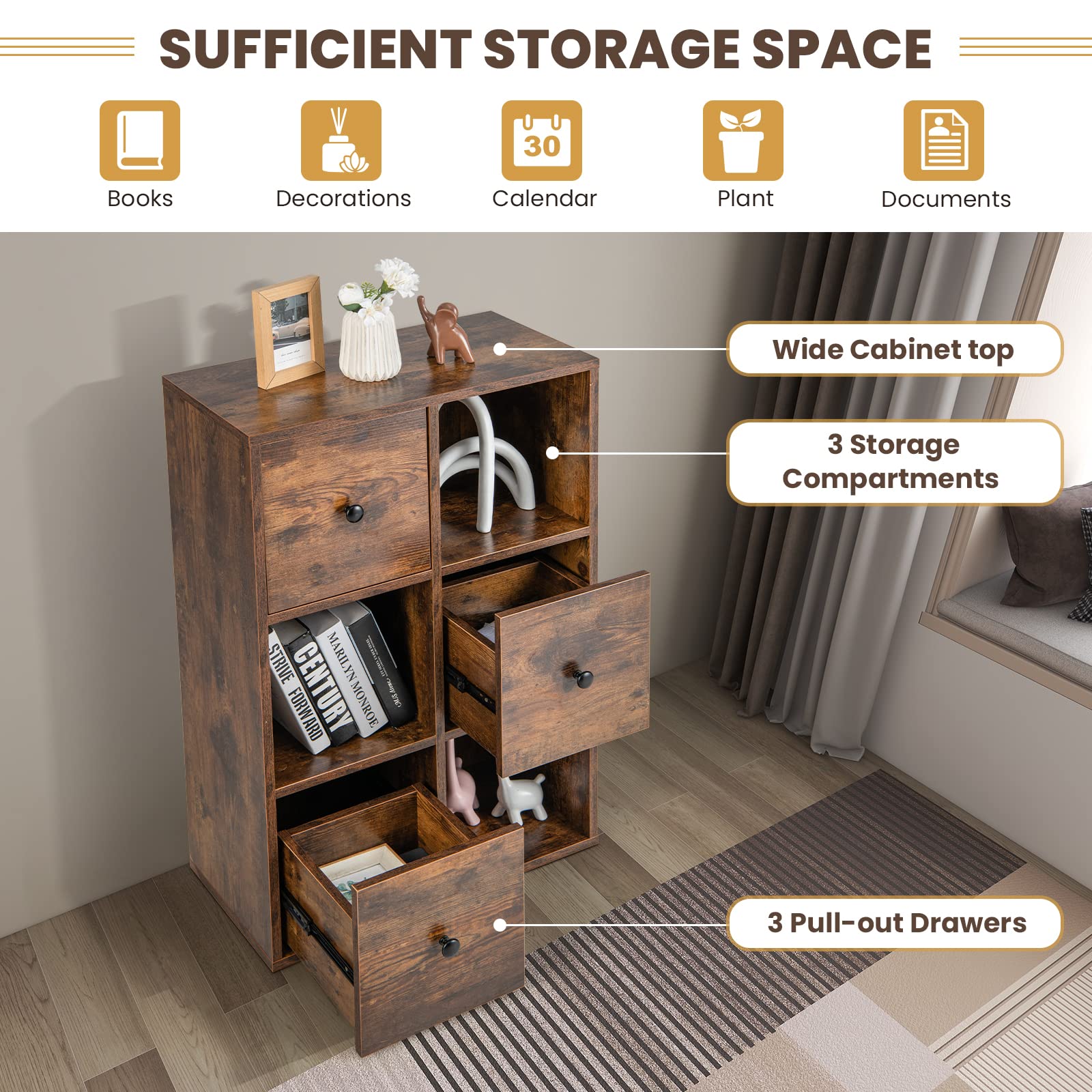 IFANNY 6 Cube Bookcase, 3 Tier Bookshelf with Drawers, Wood Storage Shelves, Modern Display Shelf, Cubical Book Cases, Small Book Shelf for Bedroom, Living Room, Home Office (Rustic Brown)