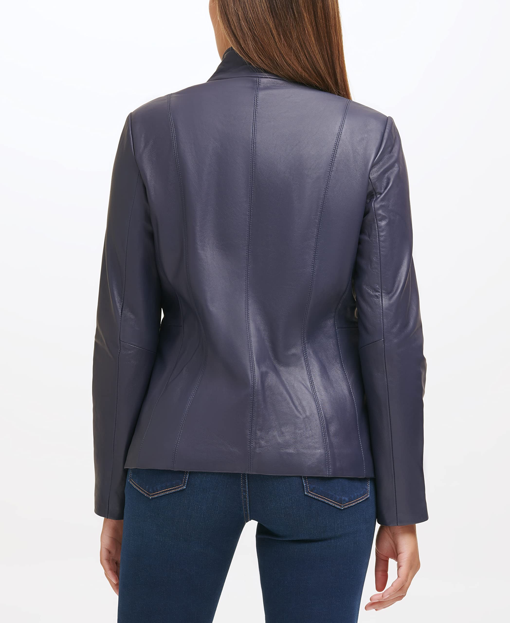 Cole Haan Women's Leather Wing Collared Jacket, Midnight, X-Small