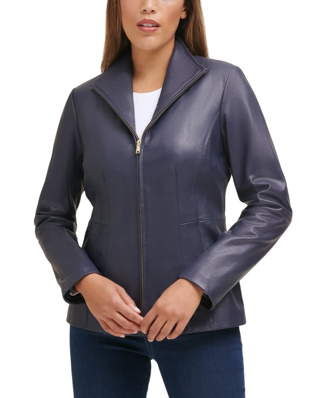 Cole Haan Women's Leather Wing Collared Jacket, Midnight, X-Small