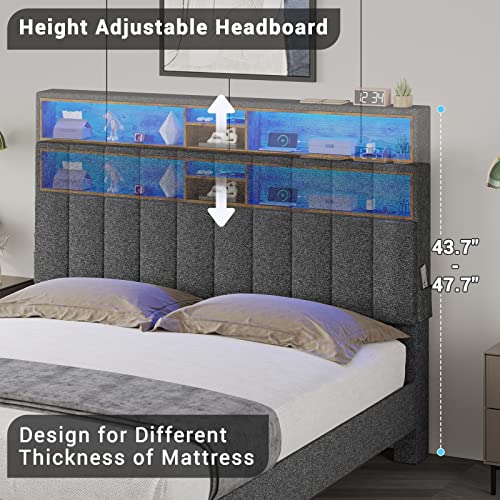 ADORNEVE Queen LED Bed Frame with Outlet and USB Ports, Queen Bed Frame with Storage Headboard, Modern Platform Bed with Storage & LED Lights, No Box Spring Needed, Easy Assembly, Dark Grey