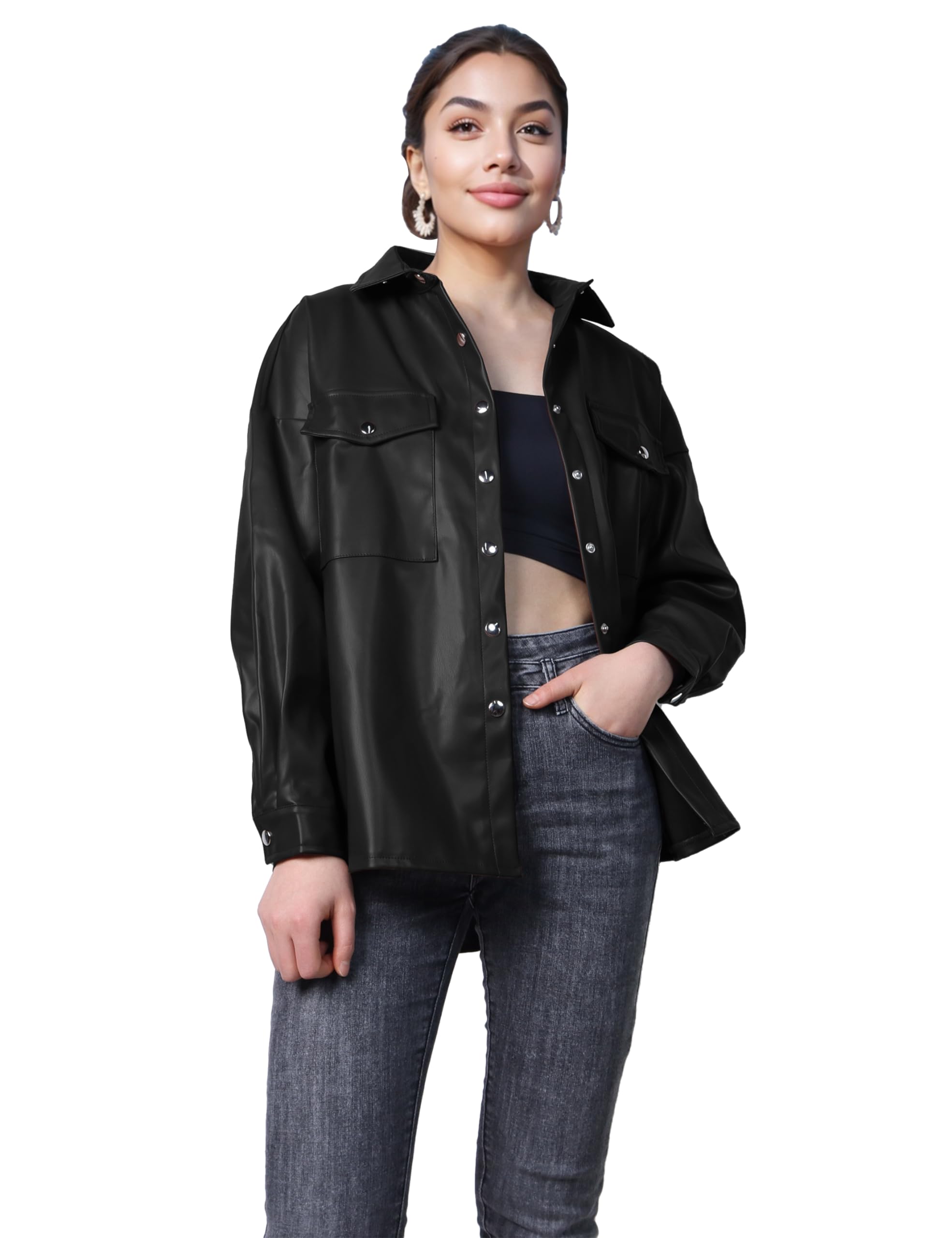 SeekMe Women's PU Leather Jacket Shacket Button Down Lapel Blazer Coat with Bust Pocket(0545-Black-L-QB)