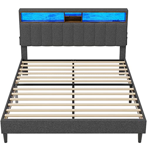 ADORNEVE Queen LED Bed Frame with Outlet and USB Ports, Queen Bed Frame with Storage Headboard, Modern Platform Bed with Storage & LED Lights, No Box Spring Needed, Easy Assembly, Dark Grey