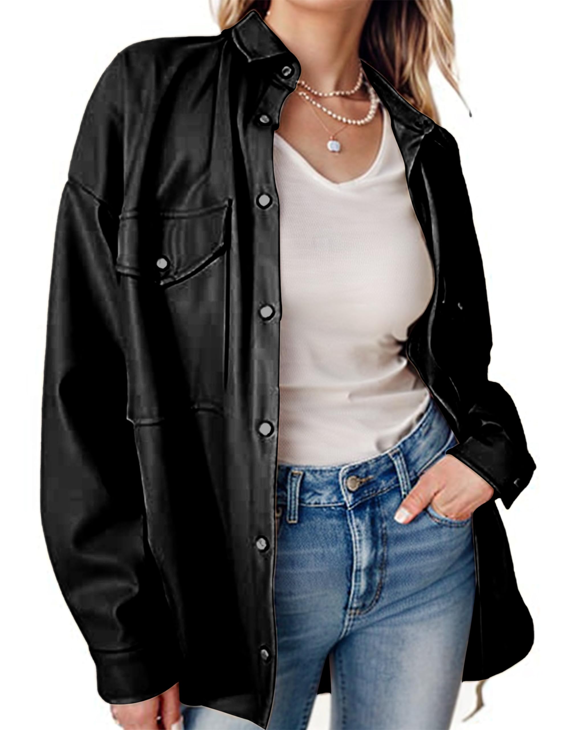 SeekMe Women's PU Leather Jacket Shacket Button Down Lapel Blazer Coat with Bust Pocket(0545-Black-L-QB)