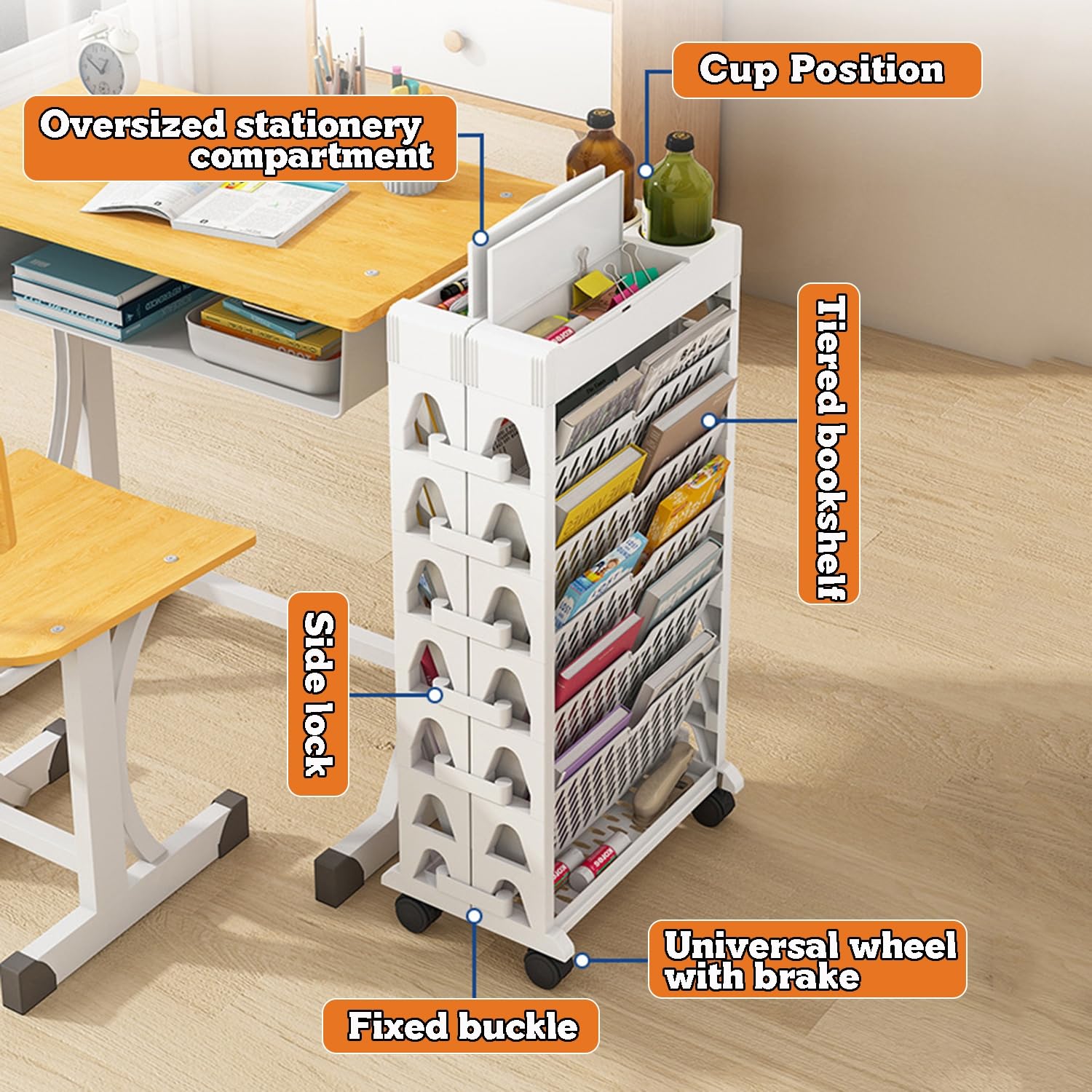 6 Tier Removable Movable Bookshelf, Mobile Unique Bookcase with Top partition Storage, Utility Organizer Green Bookshelves with Wheels for Students Study in Bedroom Living Room Home School,Green,70cm