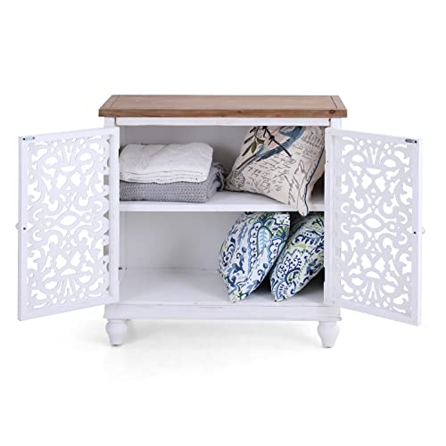 MAISON ARTS White Accent Cabinet with 2 Doors Storage Sideboard Buffet Cabinet for Living Room Kitchen Farmhouse Decorative Distressed Tall Bedroom Cabinet with Hollow Carved Doors