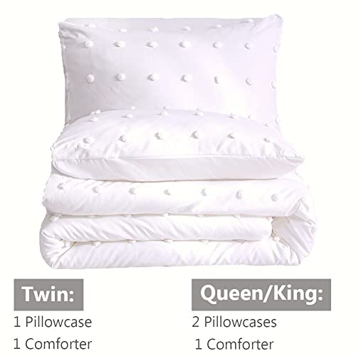 Paxrac Tuffed White Comforter Set King Size(104x90 inches), 3 Pieces- Soft Cotton Lightweight Comforter with 2 Pillowcases, Chenille Dots All Season Down Alternative Comforter Set for Bedding