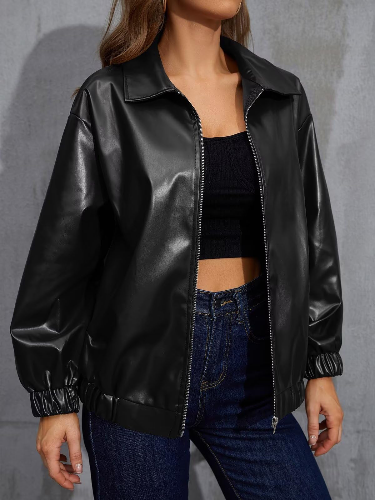 PITINAN Womens Leather Jacket Black Bomber Jacket Women 2023 Fall Faux Leather Jacket Leather Coat for Women Relaxed-fit Windproof Womens Motorcycle Jacket Black XXL