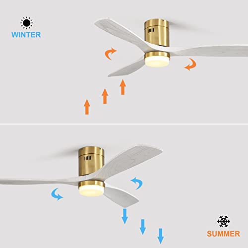 Sofucor 52 Inch Low Profile Ceiling Fan With Light 3 Carved Wood Fan Blade Indoor Outdoor Modern Flush Mount Ceiling Fan Noiseless Reversible DC Motor Remote Control for Kitchen Bedroom Farmhouse