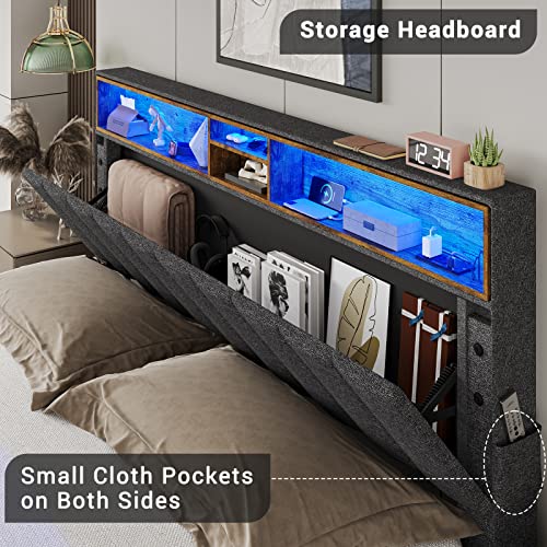 ADORNEVE Queen LED Bed Frame with Outlet and USB Ports, Queen Bed Frame with Storage Headboard, Modern Platform Bed with Storage & LED Lights, No Box Spring Needed, Easy Assembly, Dark Grey