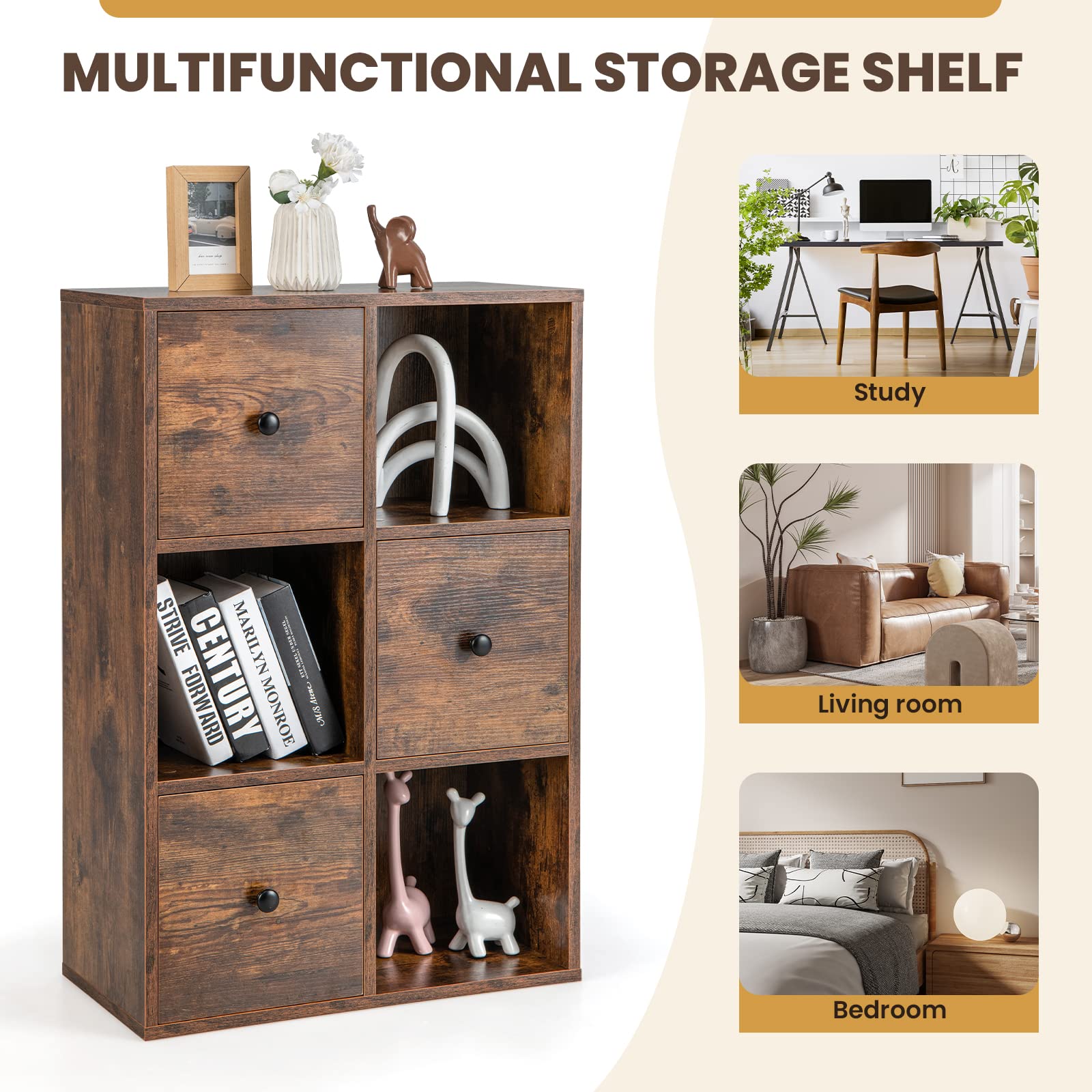 IFANNY 6 Cube Bookcase, 3 Tier Bookshelf with Drawers, Wood Storage Shelves, Modern Display Shelf, Cubical Book Cases, Small Book Shelf for Bedroom, Living Room, Home Office (Rustic Brown)