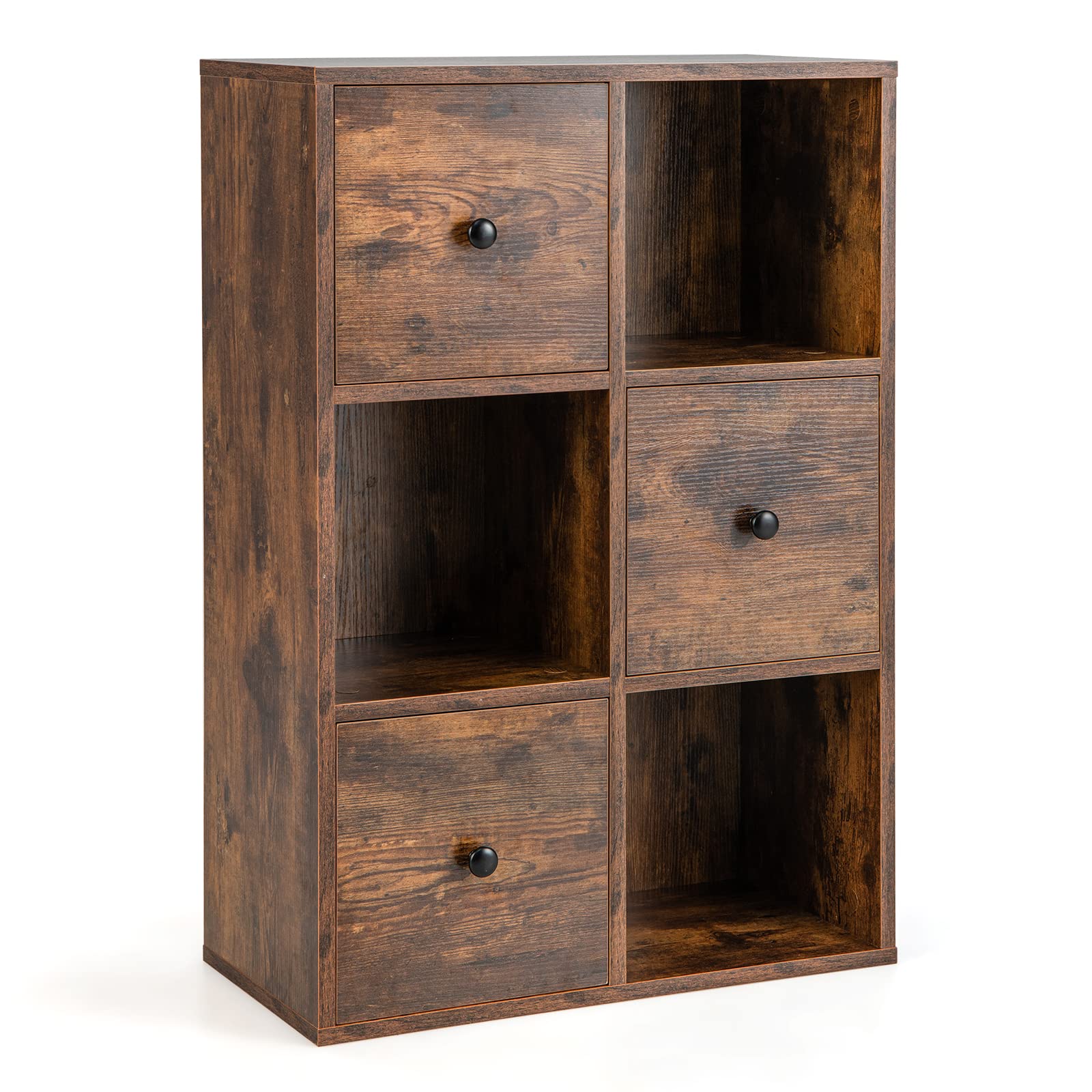 IFANNY 6 Cube Bookcase, 3 Tier Bookshelf with Drawers, Wood Storage Shelves, Modern Display Shelf, Cubical Book Cases, Small Book Shelf for Bedroom, Living Room, Home Office (Rustic Brown)