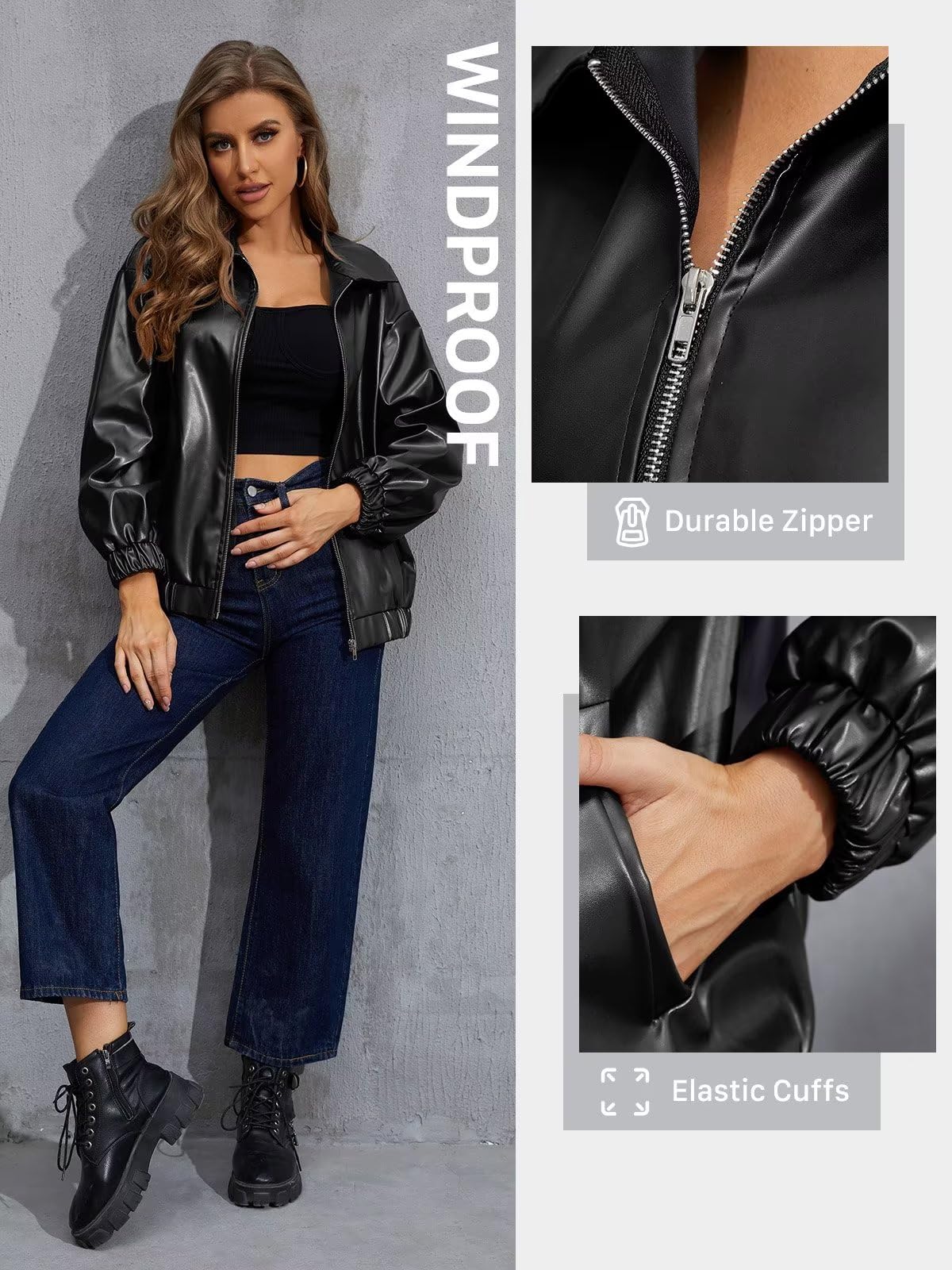 PITINAN Womens Leather Jacket Black Bomber Jacket Women 2023 Fall Faux Leather Jacket Leather Coat for Women Relaxed-fit Windproof Womens Motorcycle Jacket Black XXL