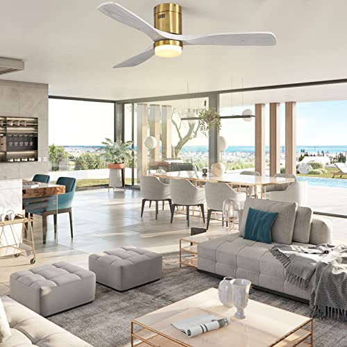 Sofucor 52 Inch Low Profile Ceiling Fan With Light 3 Carved Wood Fan Blade Indoor Outdoor Modern Flush Mount Ceiling Fan Noiseless Reversible DC Motor Remote Control for Kitchen Bedroom Farmhouse