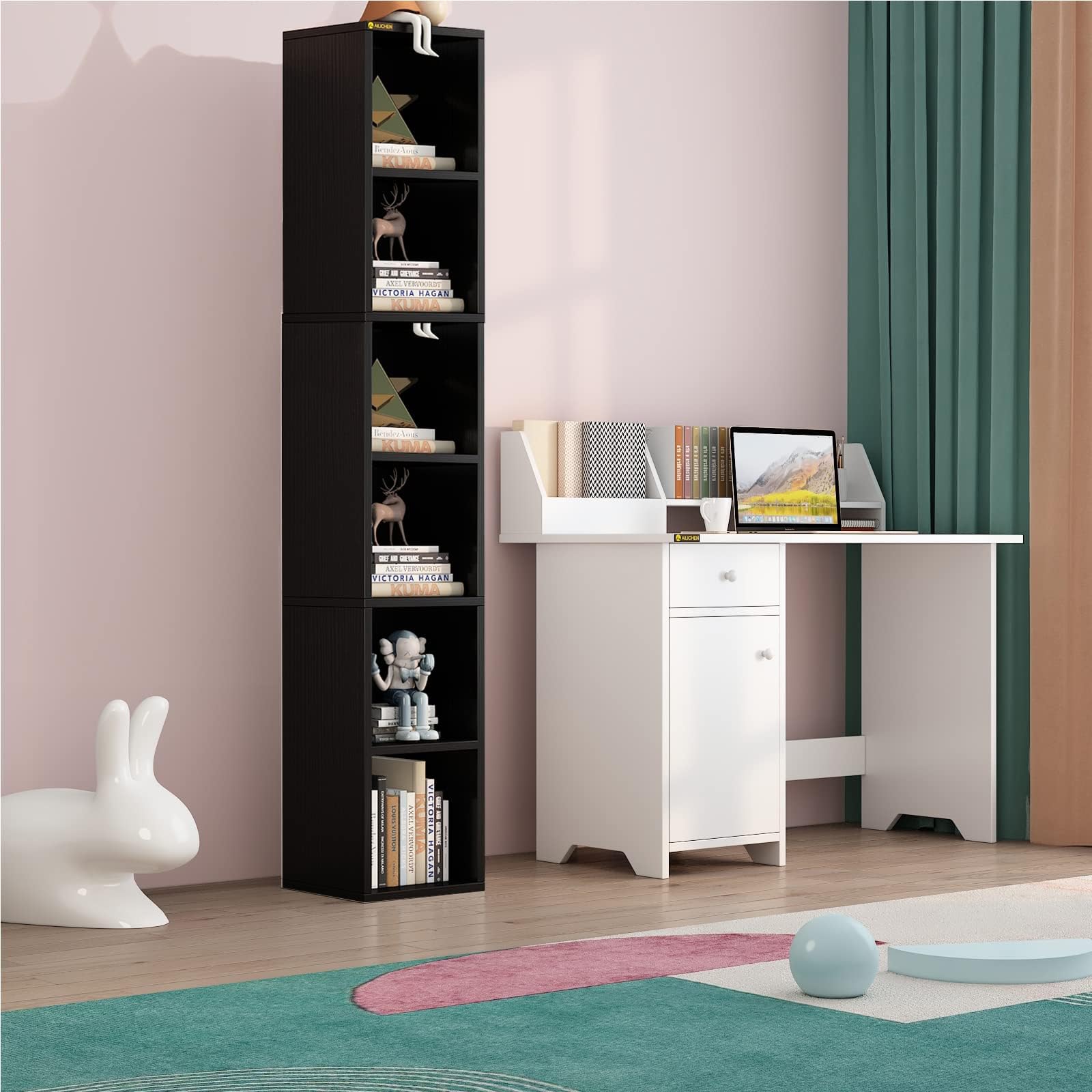 YQ JENMW 68.5 Inches Small Tall Narrow Corner Bookshelf, 6 Shelf Cubby Storage Organizer for Small Spaces, Freestanding Storage Cabinet for Bedroom Library Living Room Home Office, Black