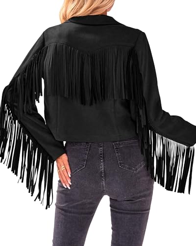 BTFBM Women Fashion Cropped Tassel Fringe Faux Suede Leather Jacket Fall Winter Long Sleeve Lapel Neck Moto Coat Outwear(Solid Black, XX-Large)