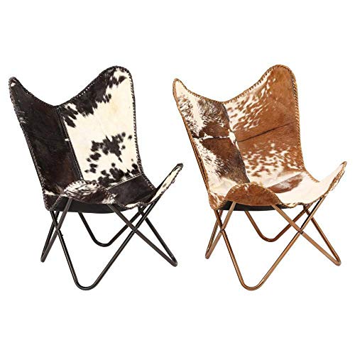 Home Decor Genuine Goat Leather Butterfly Arm Chair with Black/Brown White Hair on Cover (Black and White with Black Frame)