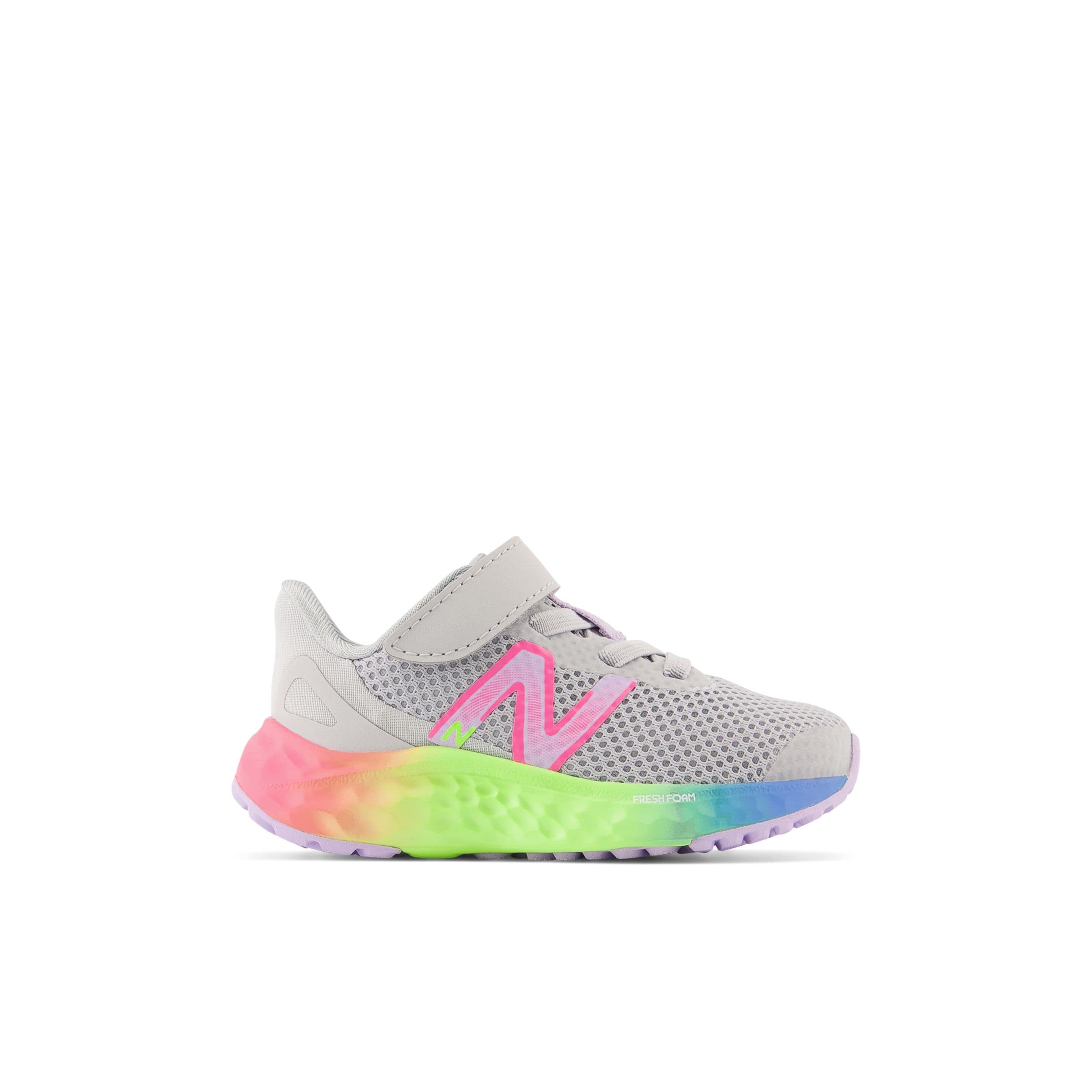 New Balance Girls Fresh Foam Arishi V4 Hook and Loop Running Shoe, Light Aluminum/Cyber Lilac/Neon Pink, 2 Little Kid