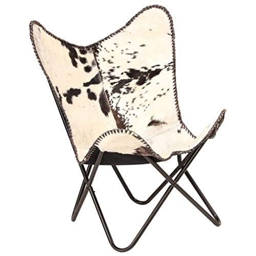 Home Decor Genuine Goat Leather Butterfly Arm Chair with Black/Brown White Hair on Cover (Black and White with Black Frame)