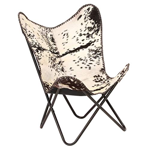 Home Decor Genuine Goat Leather Butterfly Arm Chair with Black/Brown White Hair on Cover (Black and White with Black Frame)