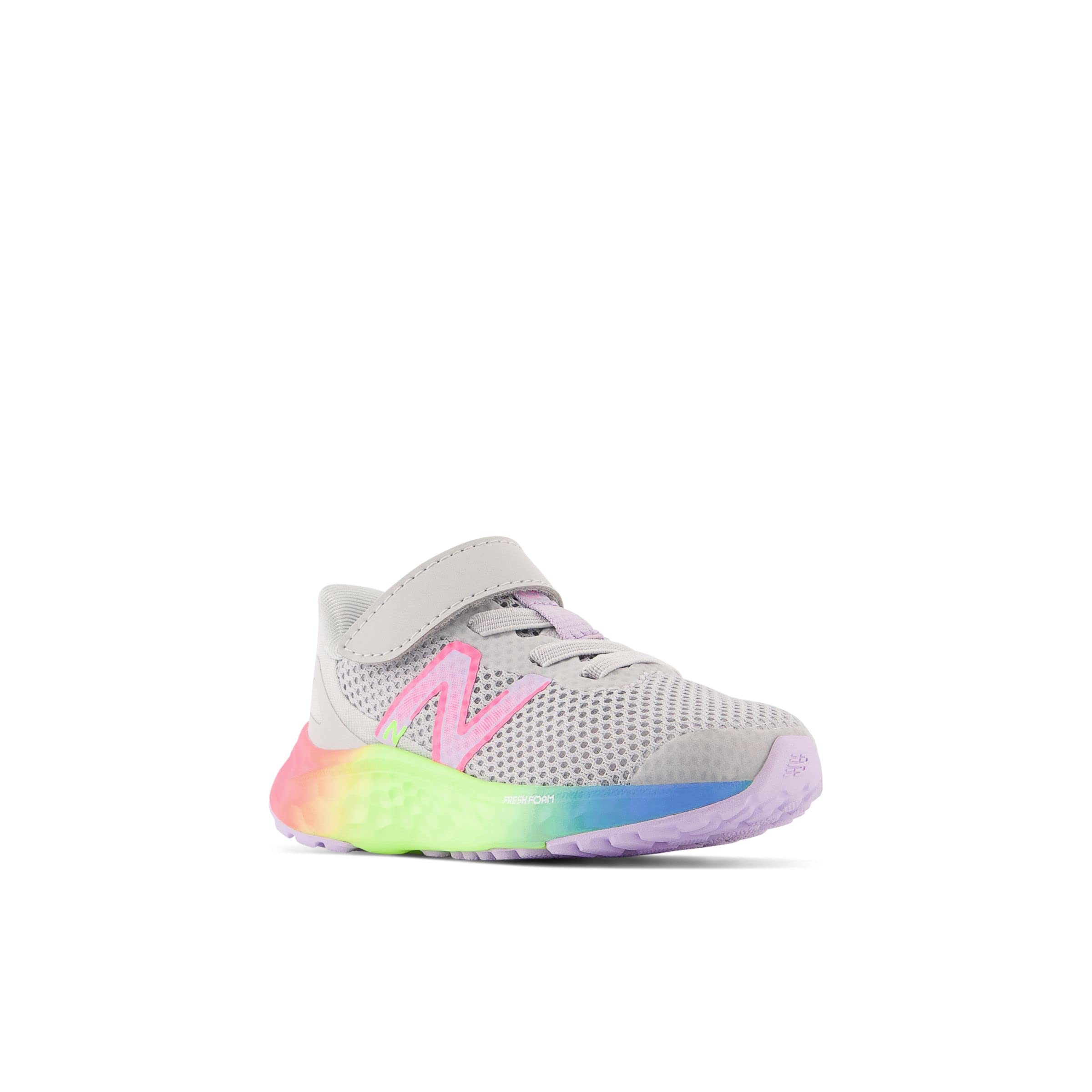 New Balance Girls Fresh Foam Arishi V4 Hook and Loop Running Shoe, Light Aluminum/Cyber Lilac/Neon Pink, 2 Little Kid