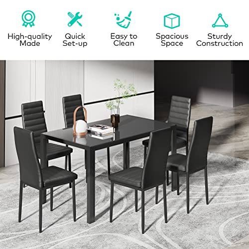 Gizoon Glass Dining Table Sets for 6, 7 Piece Kitchen Table and Chairs Set for 6 Person, PU Leather Modern Dining Room Sets for Home, Kitchen, Living Room Black