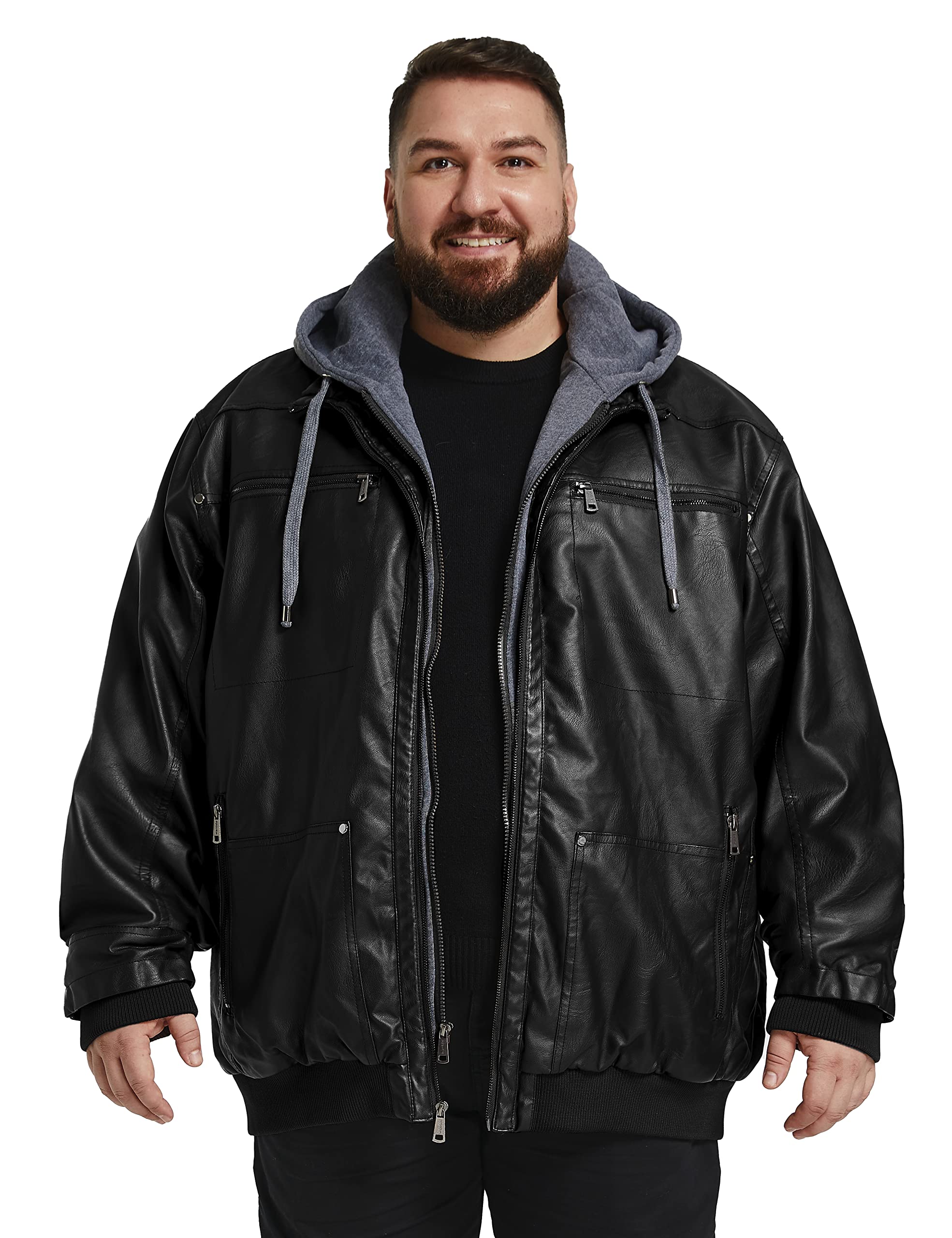 wantdo Men's Big and Tall Leather Motorcycle Jacket Warm Winter Coat with Removable Hood Black 3X-Large Big