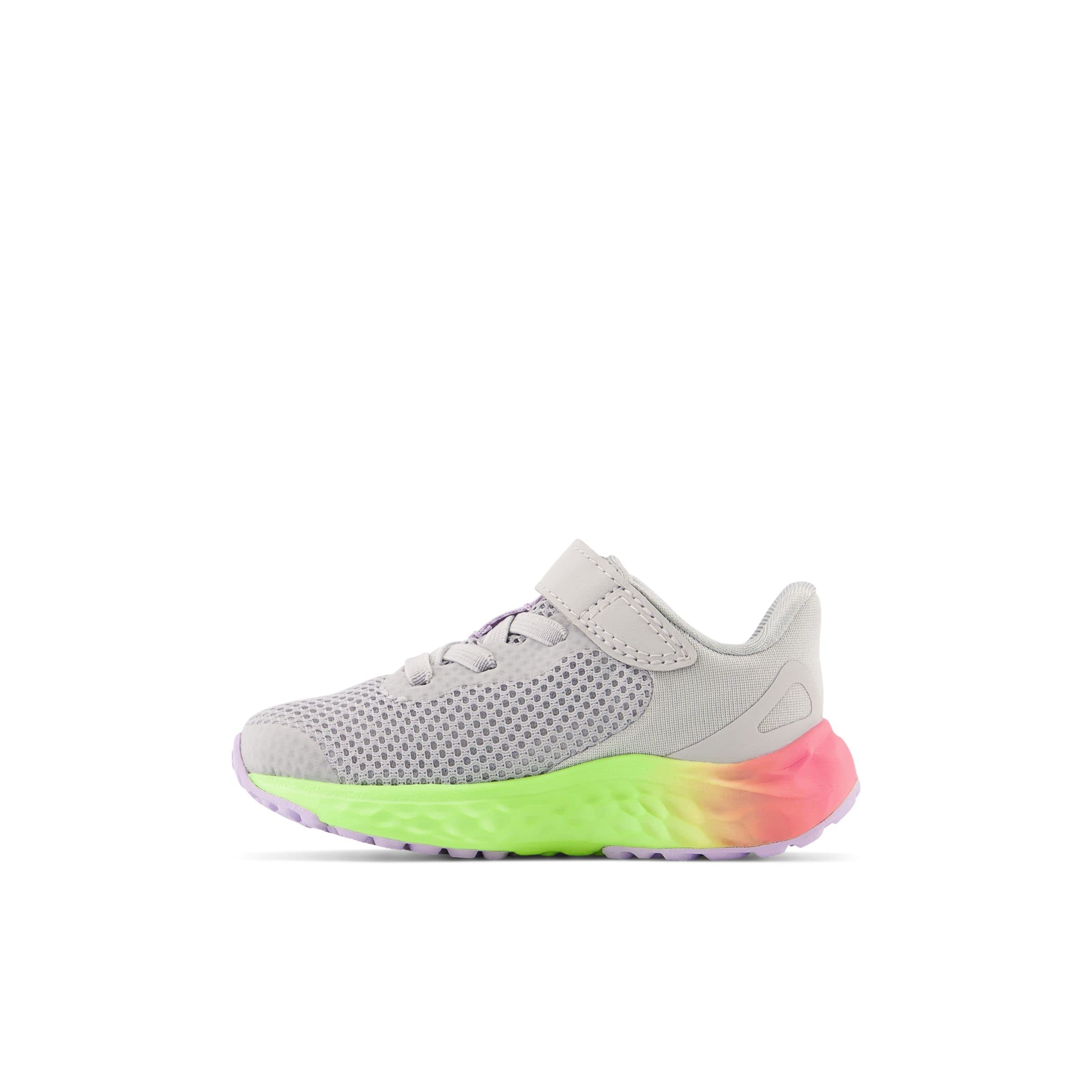 New Balance Girls Fresh Foam Arishi V4 Hook and Loop Running Shoe, Light Aluminum/Cyber Lilac/Neon Pink, 2 Little Kid