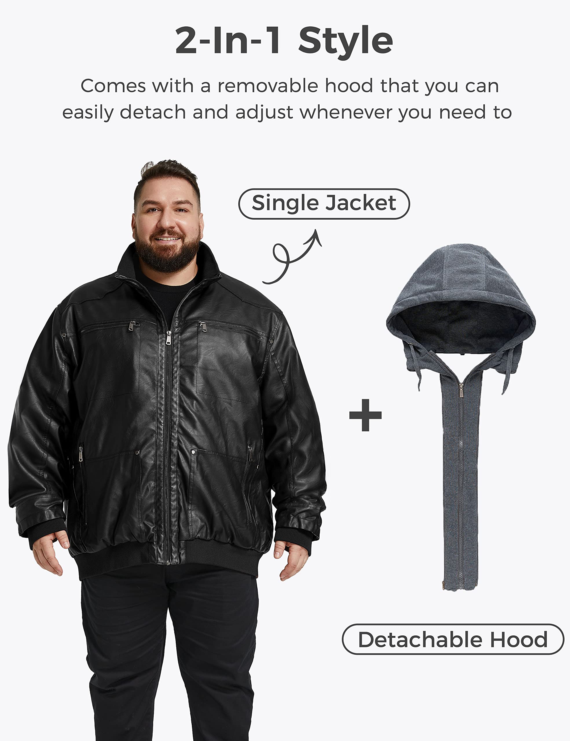 wantdo Men's Big and Tall Leather Motorcycle Jacket Warm Winter Coat with Removable Hood Black 3X-Large Big