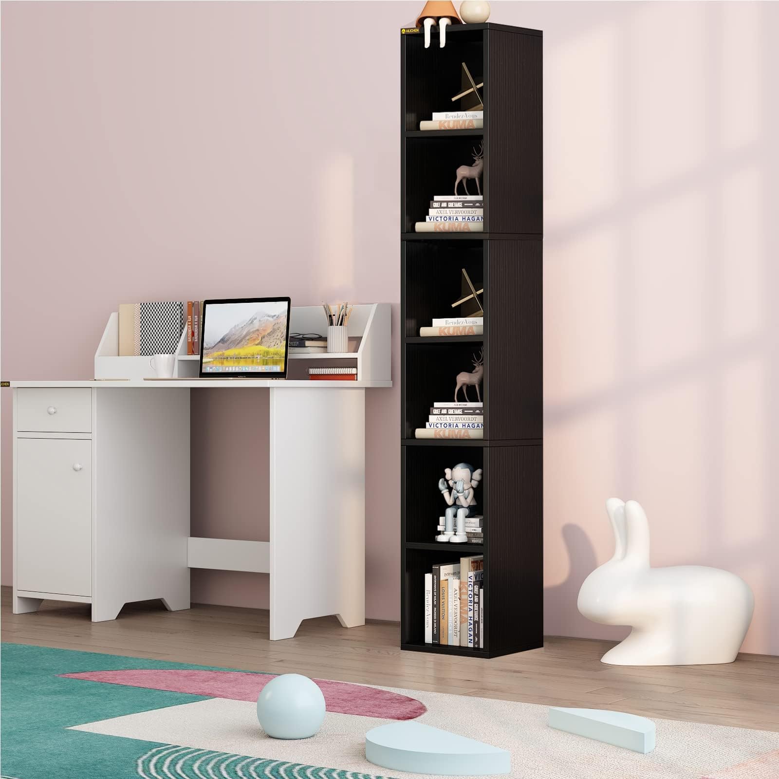 YQ JENMW 68.5 Inches Small Tall Narrow Corner Bookshelf, 6 Shelf Cubby Storage Organizer for Small Spaces, Freestanding Storage Cabinet for Bedroom Library Living Room Home Office, Black