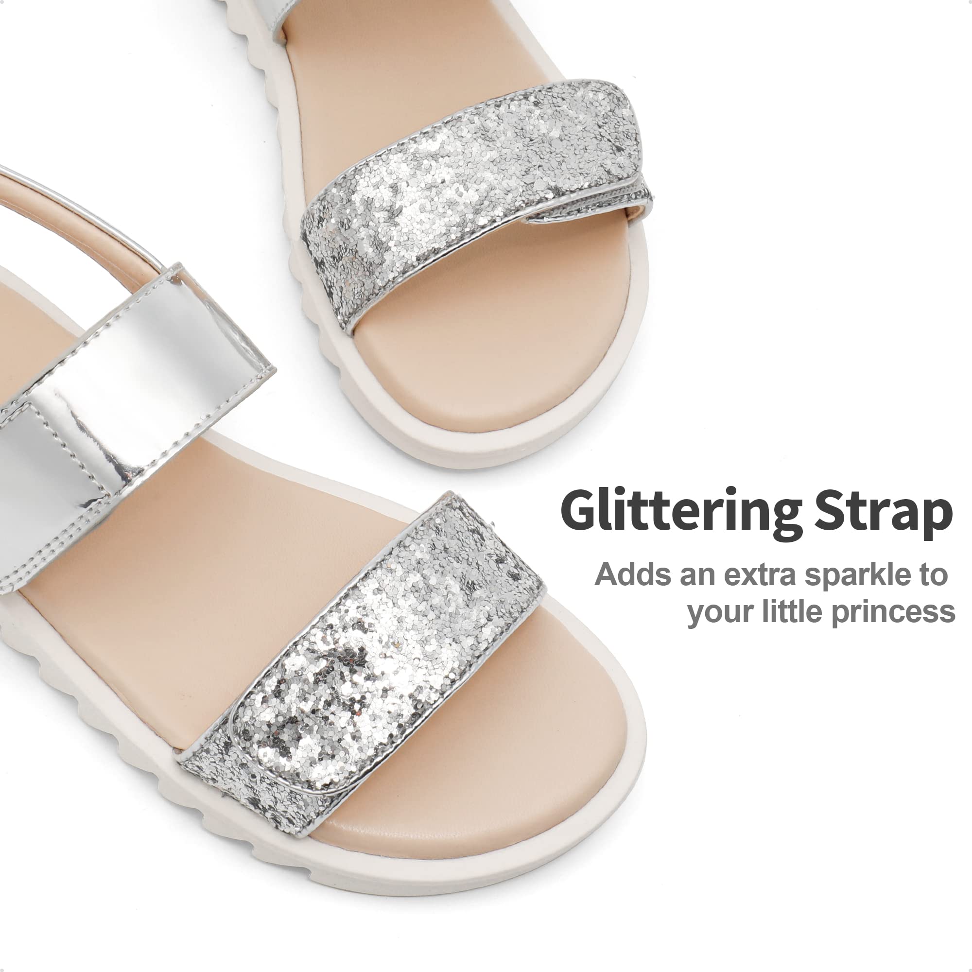 DREAM PAIRS Girls Sandals Glitter Two Strapped Casual Open Toe Sandals Little Kid/Big Kid,Size 2 Little Kid,Silver,SDLS2303K