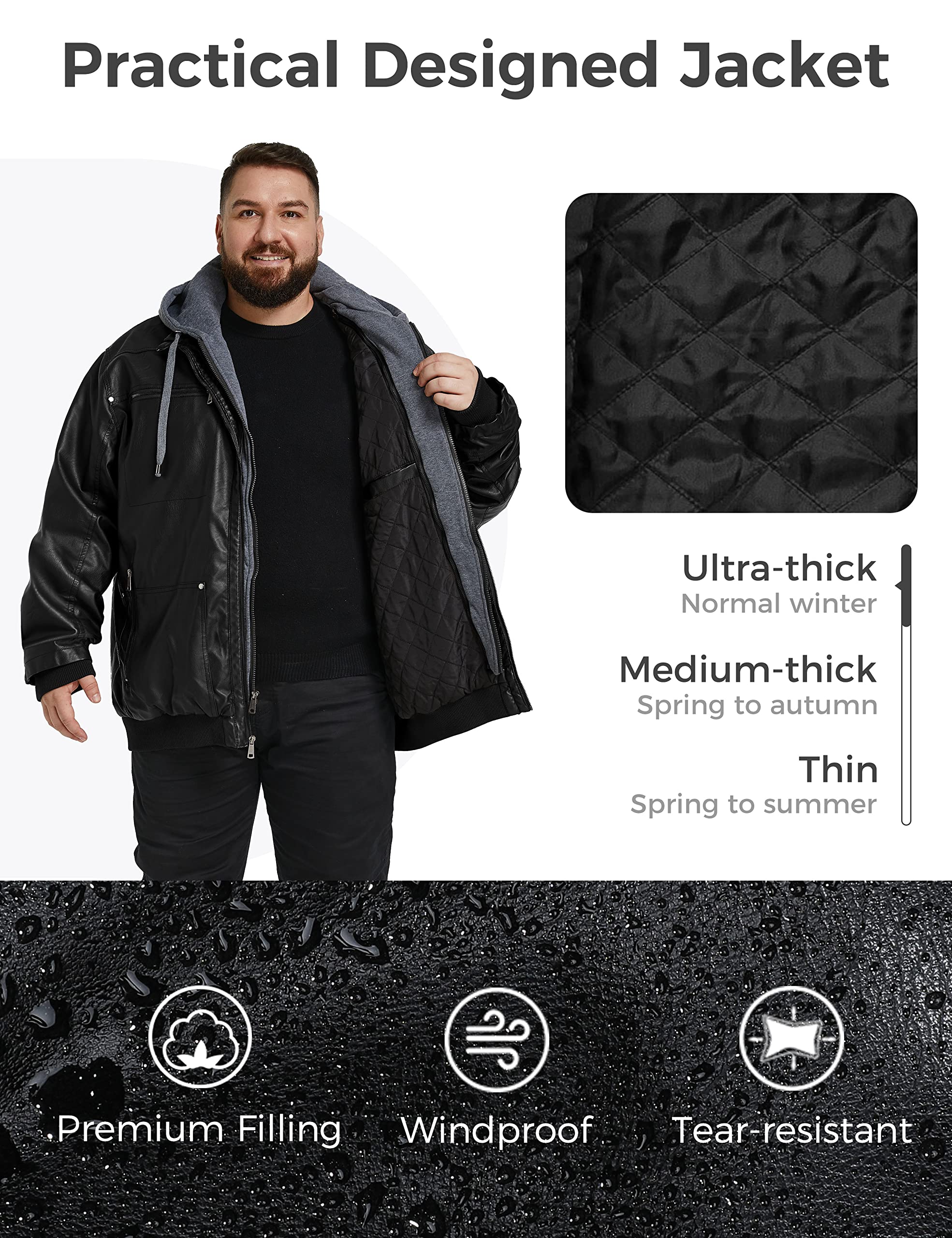 wantdo Men's Big and Tall Leather Motorcycle Jacket Warm Winter Coat with Removable Hood Black 3X-Large Big