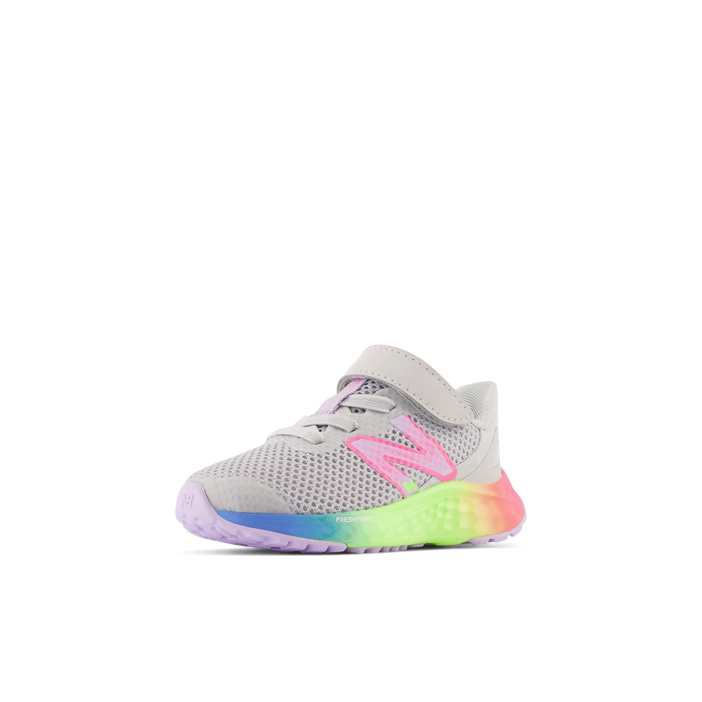 New Balance Girls Fresh Foam Arishi V4 Hook and Loop Running Shoe, Light Aluminum/Cyber Lilac/Neon Pink, 2 Little Kid