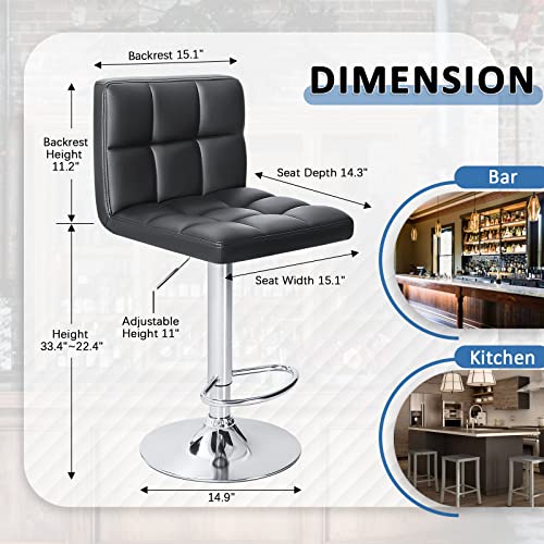 Homall Bar Stools Modern PU Leather Adjustable Swivel Barstools, Armless Hydraulic Kitchen Counter Bar Stool Synthetic Leather Extra Height Square Island Barstool with Back Set of 2(Black)