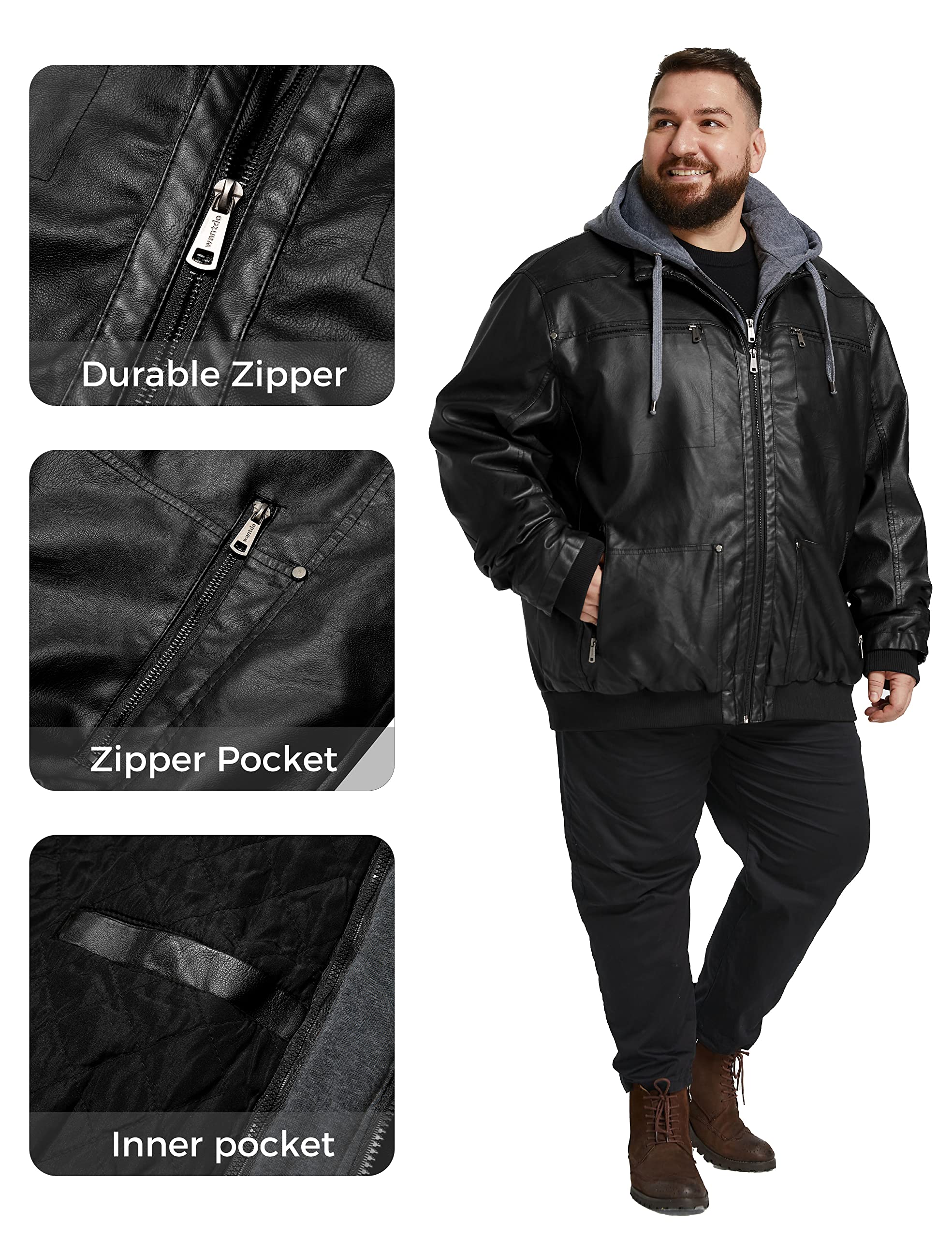 wantdo Men's Big and Tall Leather Motorcycle Jacket Warm Winter Coat with Removable Hood Black 3X-Large Big