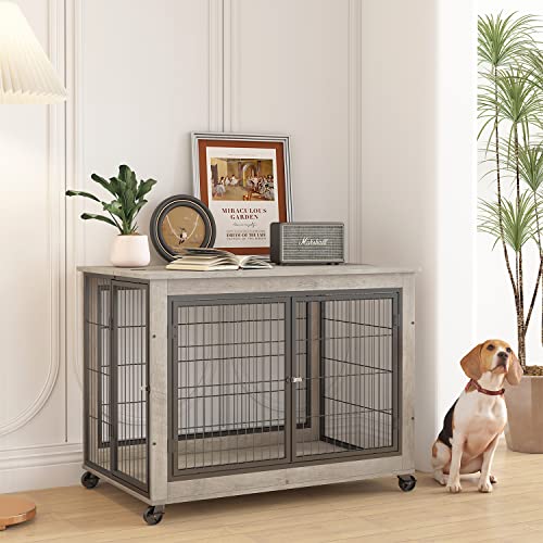 IchbinGo Dog Crate Furniture, Wooden Dog Crate Table, 38.5" Dog Kennel with 3 Doors, Flip-up Top Opening and Wheels, Decorative Pet Crate Dog House for Large/Medium/Small Dog Indoor Use (Rustic Grey)
