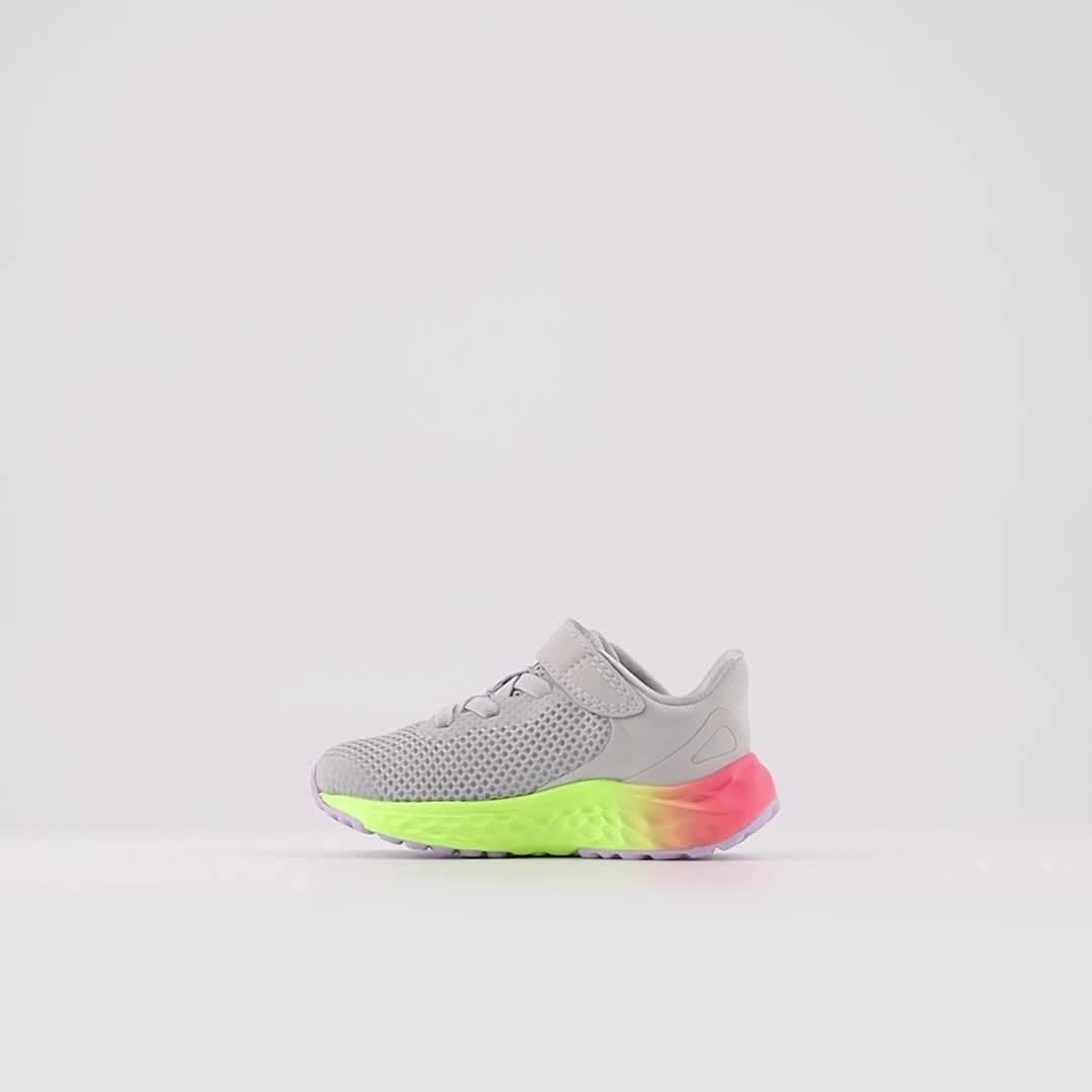 New Balance Girls Fresh Foam Arishi V4 Hook and Loop Running Shoe, Light Aluminum/Cyber Lilac/Neon Pink, 2 Little Kid