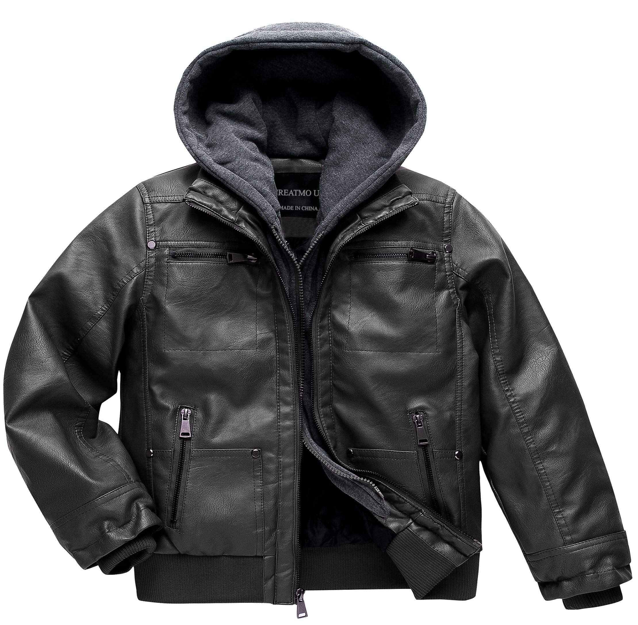 CREATMO US Boy Faux Leather Jacket Motorcycle Jacket Winter Jacket Zipper Flight Pleather Jacket Black 14/16