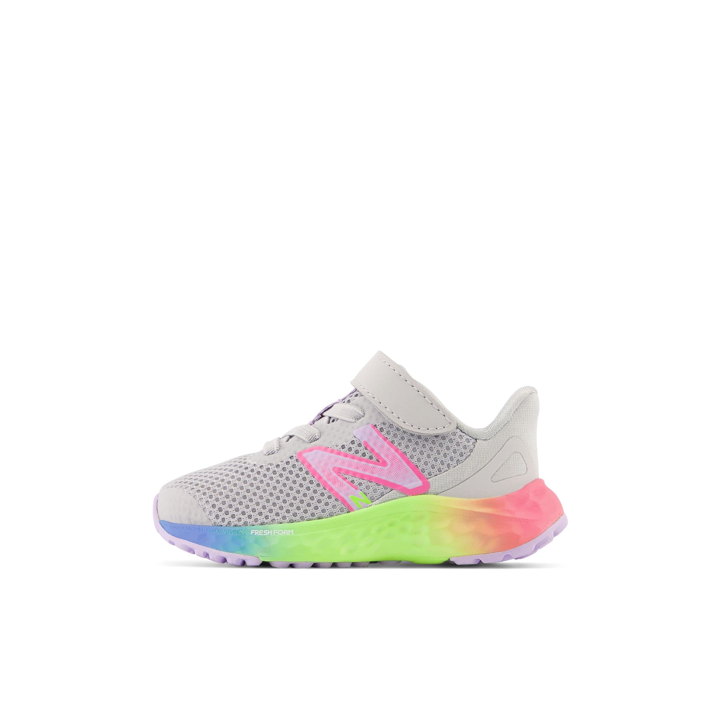 New Balance Girls Fresh Foam Arishi V4 Hook and Loop Running Shoe, Light Aluminum/Cyber Lilac/Neon Pink, 2 Little Kid