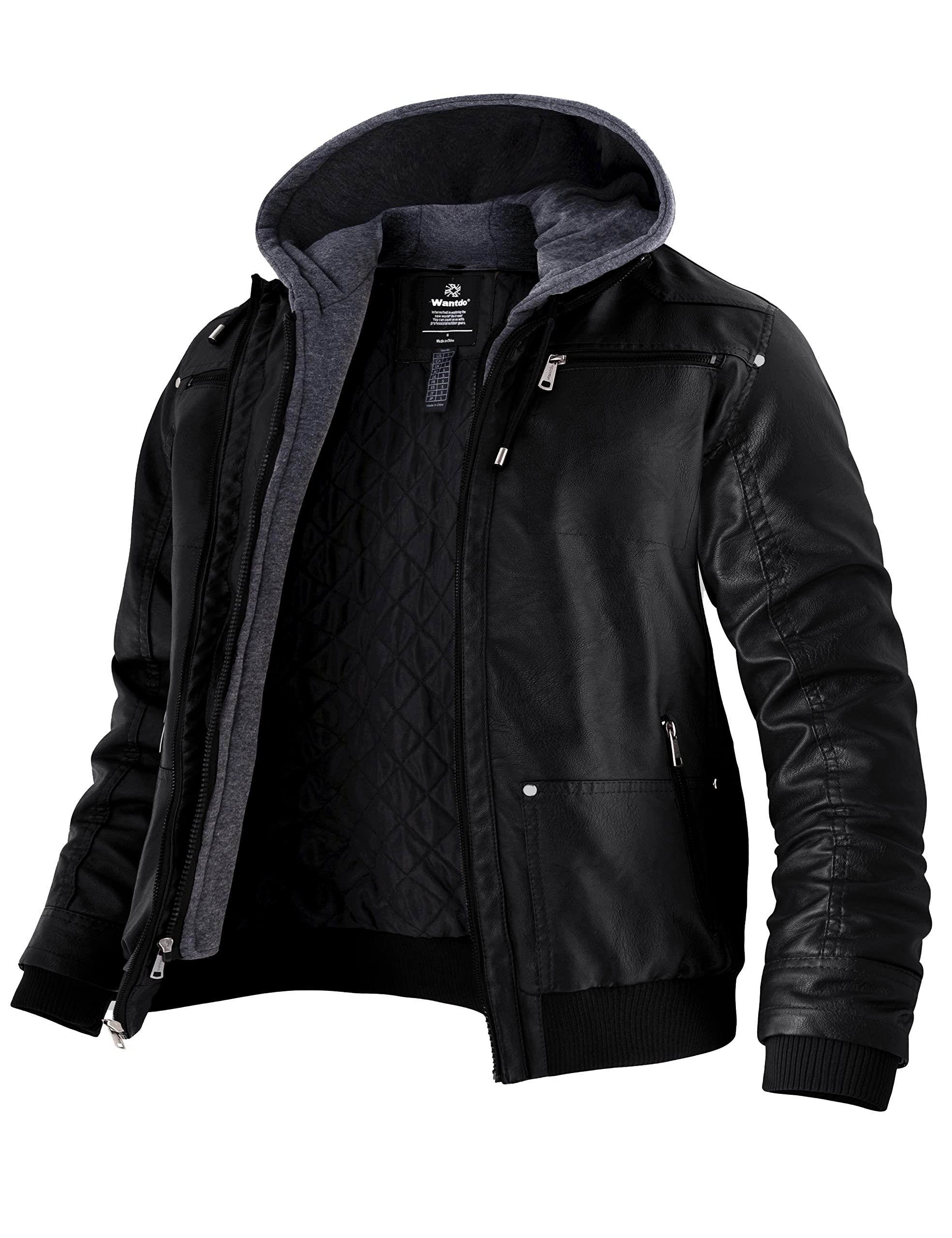 wantdo Men's Big and Tall Leather Motorcycle Jacket Warm Winter Coat with Removable Hood Black 3X-Large Big