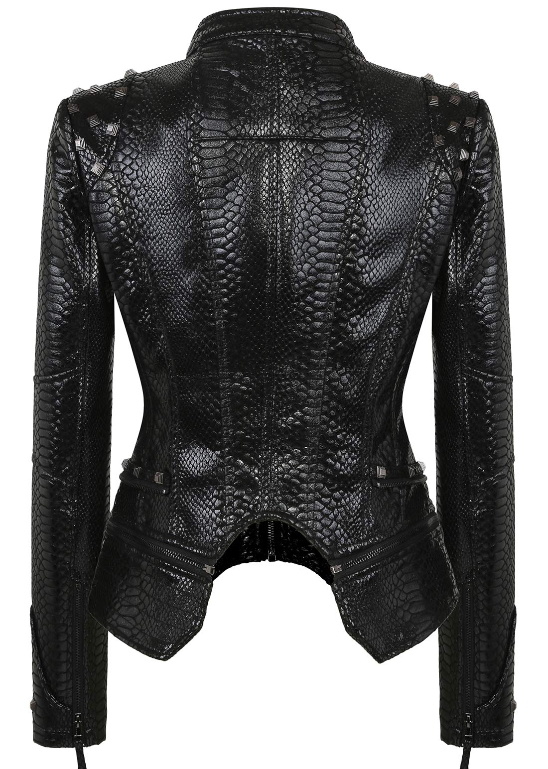 chouyatou Women's Fashion Snake Pattern Print Studded Moto Pu Leather Biker Jacket (X-Small, Black)