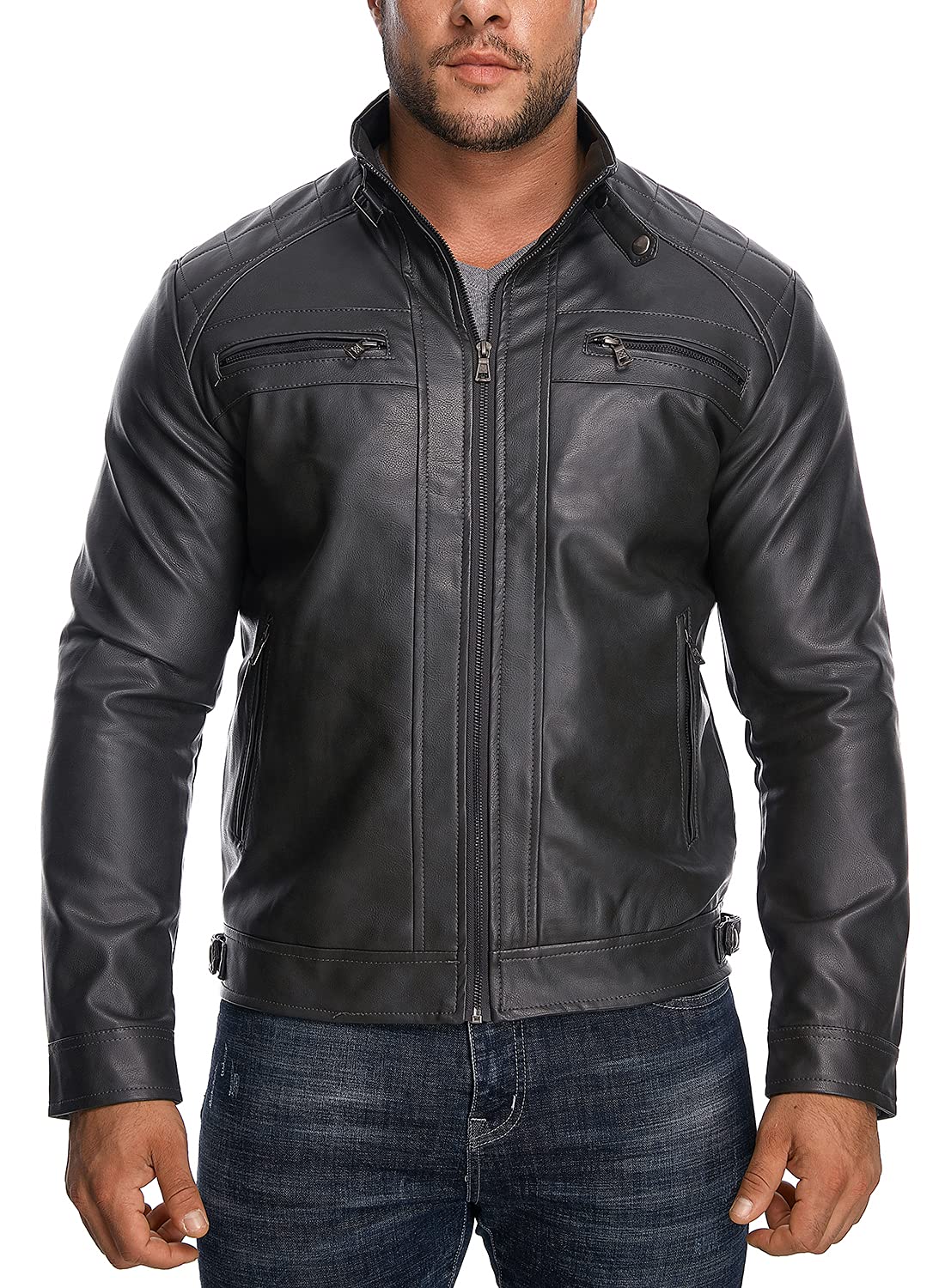 HOOD CREW Men’s Stand Collar Leather Jacket Casual Faux Leather Motorcycle Jacket Outerwear Coat with Zipper Pockets Black XXL