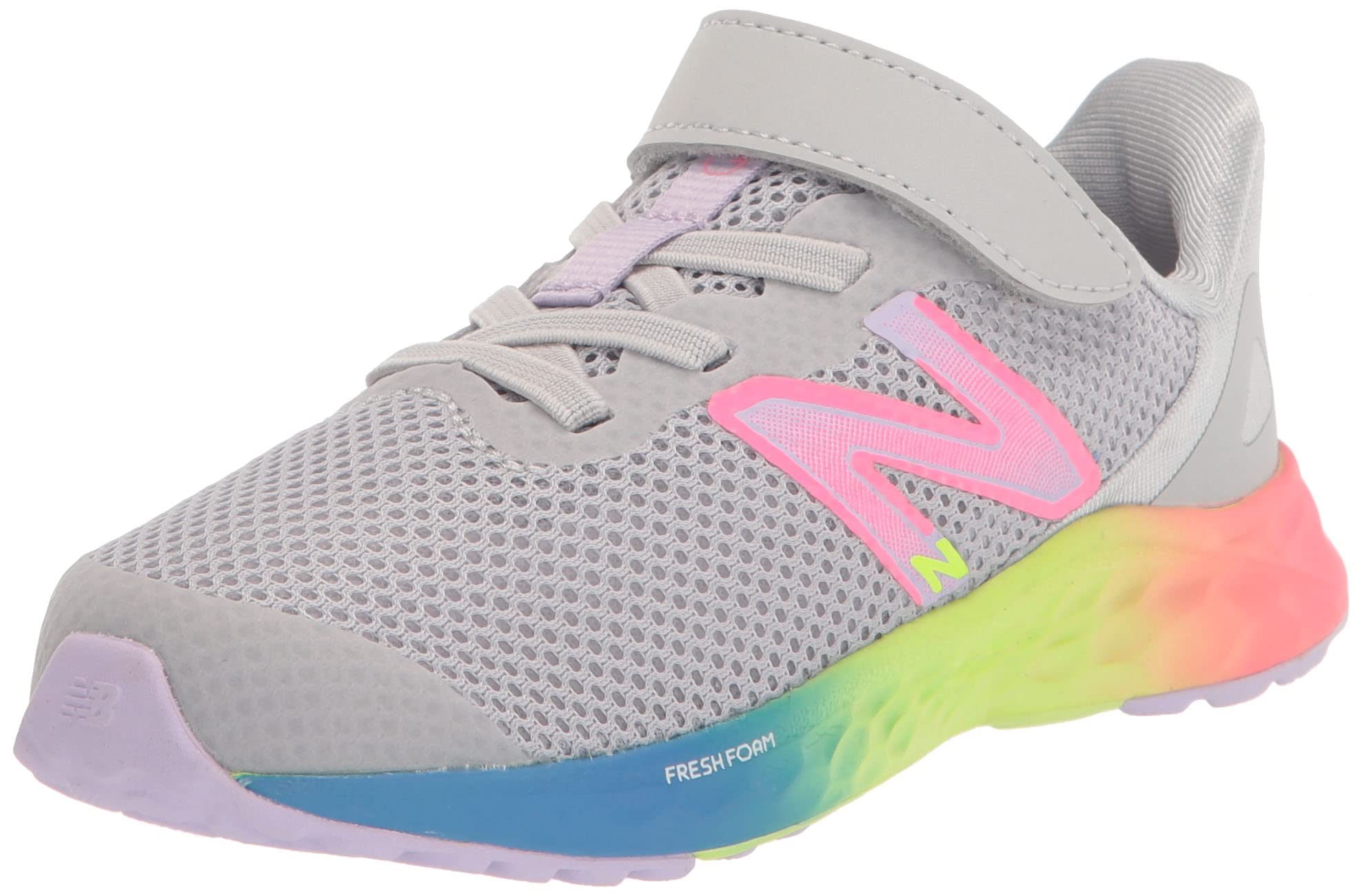 New Balance Girls Fresh Foam Arishi V4 Hook and Loop Running Shoe, Light Aluminum/Cyber Lilac/Neon Pink, 2 Little Kid