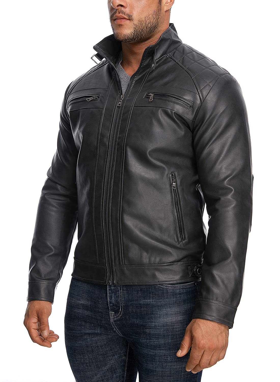 HOOD CREW Men’s Stand Collar Leather Jacket Casual Faux Leather Motorcycle Jacket Outerwear Coat with Zipper Pockets Black XXL