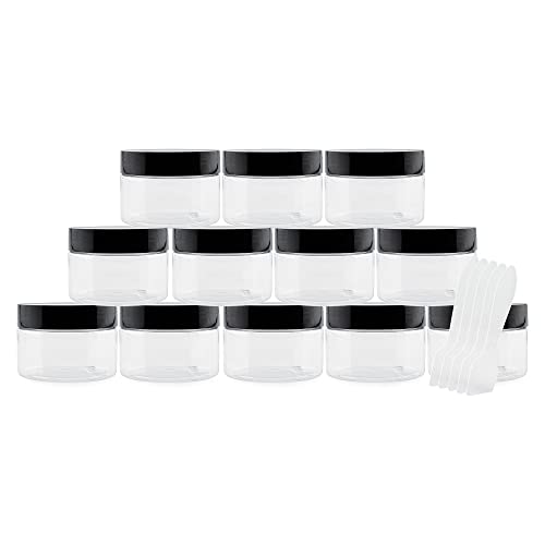 Cornucopia 4oz Clear Plastic Jars with Labels & Spatulas & Lids (12-Pack); Straight Sided PET BPA-Free Containers Great for Cosmetics, Kitchen & Gifts