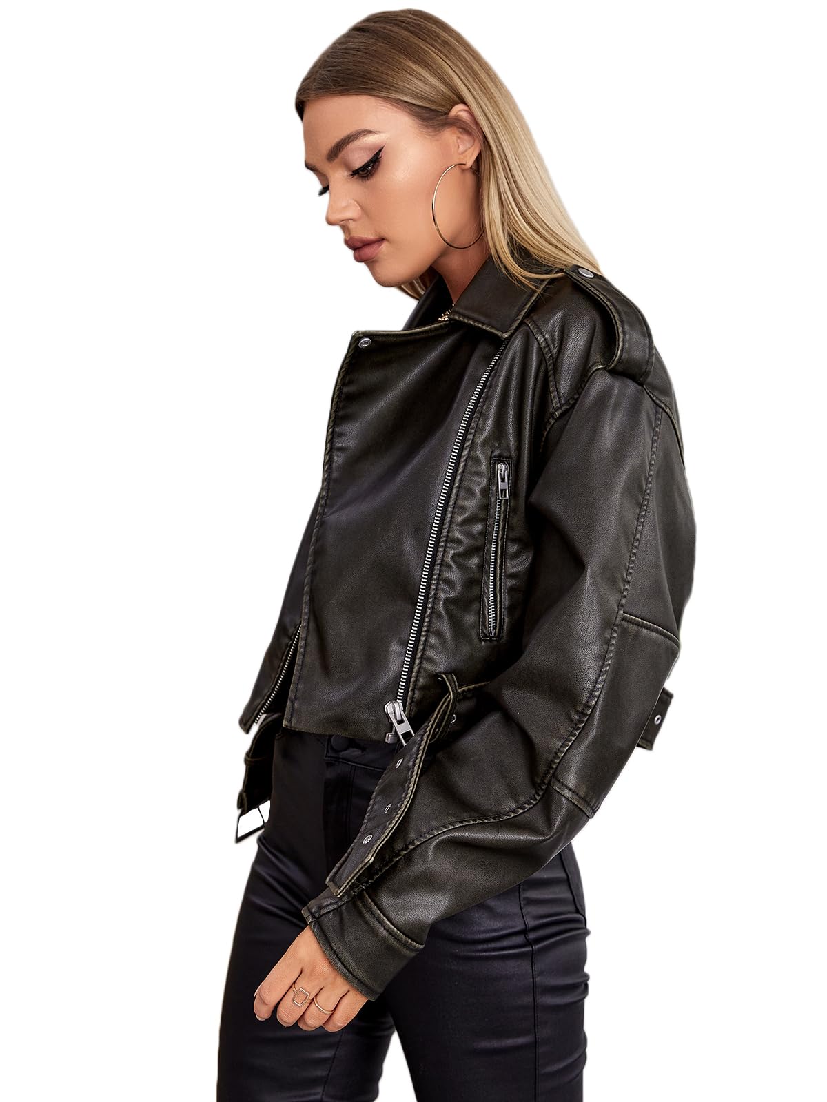 LY VAREY LIN Women Faux Leather Cropped Jacket Lapel Zipper Biker Short Coat with Belt