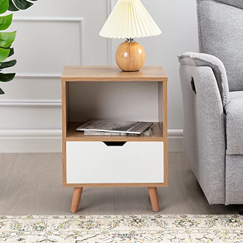 SWEETGO Nightstand Set of 2, 2-Tier End Table with Drawer and Shelf Storage, Side Table Accent Table for Bedroom, Living Room, Natural