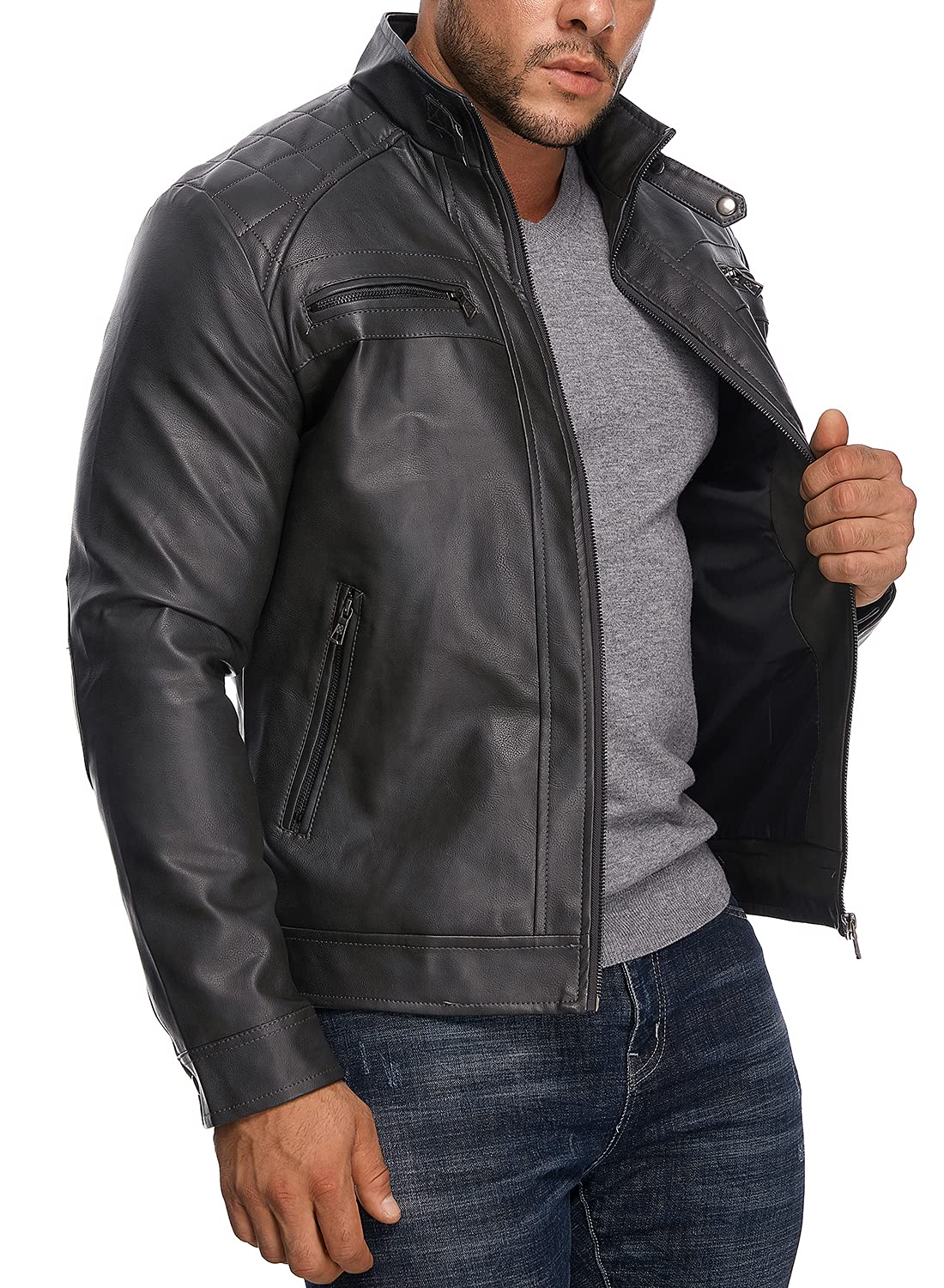 HOOD CREW Men’s Stand Collar Leather Jacket Casual Faux Leather Motorcycle Jacket Outerwear Coat with Zipper Pockets Black XXL