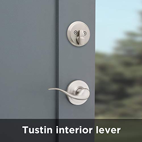 Kwikset 98180-021 Prescott Single Cylinder Front Door Handleset with Tustin Lever Featuring SmartKey Security and Microban Antimicrobial Protection in Satin Nickel